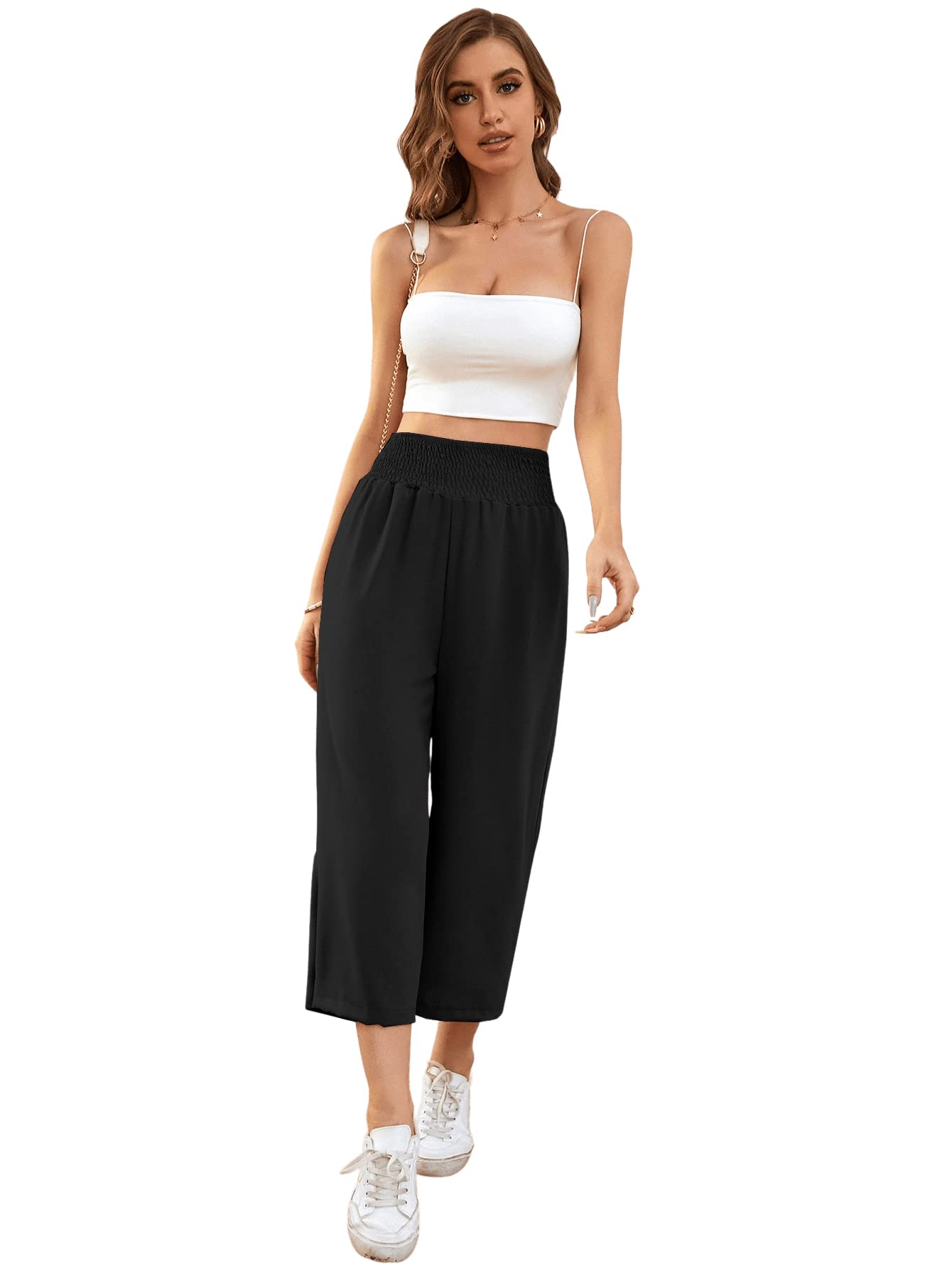 SHENHE Women's Elastic High Waisted Wide Leg Palazzo Pants Shirred Loose Capri Pants Black XL