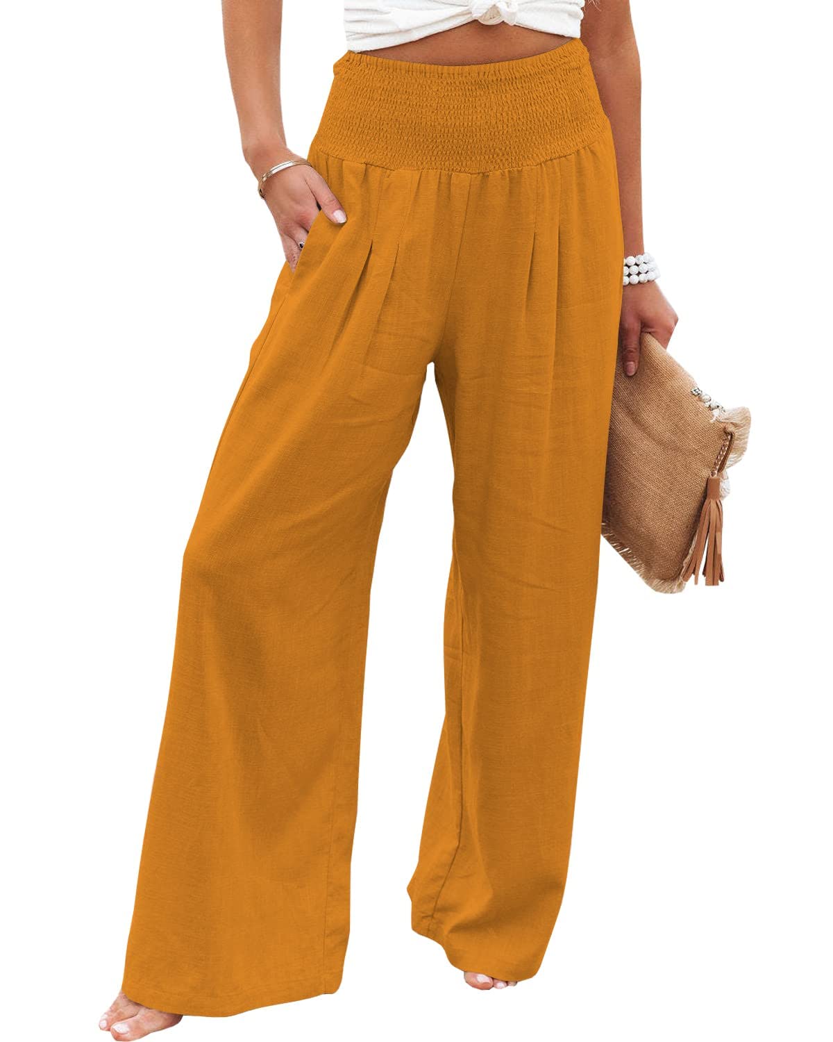 GLIENST Womens Cotton Linen Pants Elastic High Waist Wide Leg Pants Palazzo Lounge Smocked Casual Trousers with for Ladies Pockets One Piece Athletic Pants Deep Yellow XL