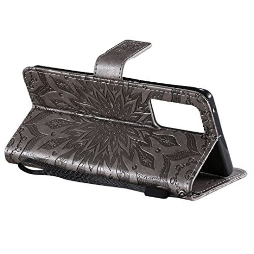 SATURCASE Case for Oppo Reno 6 Pro 5G, Sun Flower Embossing PU Leather Flip Magnet Wallet Stand Card Slots Protective Cover with Hand Strap for Oppo Reno 6 Pro 5G (Gray)