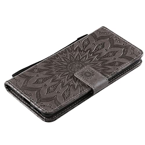 SATURCASE Case for Oppo Reno 6 Pro 5G, Sun Flower Embossing PU Leather Flip Magnet Wallet Stand Card Slots Protective Cover with Hand Strap for Oppo Reno 6 Pro 5G (Gray)