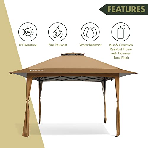 ARROWHEAD OUTDOOR 13βx13β Pop-Up Canopy & Instant Shelter, 150D Fabric Construction, Adjustable Height, Wheeled Carry Bag, Guide Ropes & Stakes Included, Brown & Tan v2 (New) (KGS0389U)