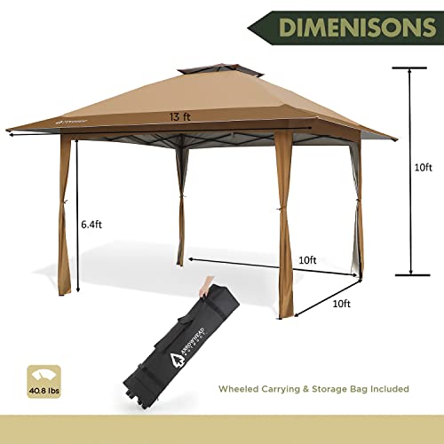 ARROWHEAD OUTDOOR 13βx13β Pop-Up Canopy & Instant Shelter, 150D Fabric Construction, Adjustable Height, Wheeled Carry Bag, Guide Ropes & Stakes Included, Brown & Tan v2 (New) (KGS0389U)