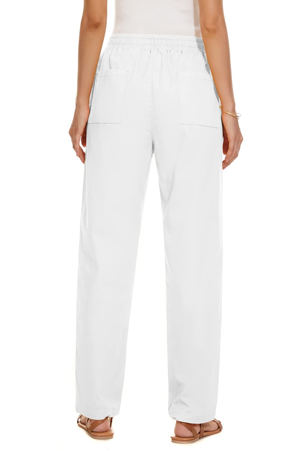YOCUR Womens Casual Elastic High Waisted Pants Cotton Straight Leg Drawstring Trousers White XL