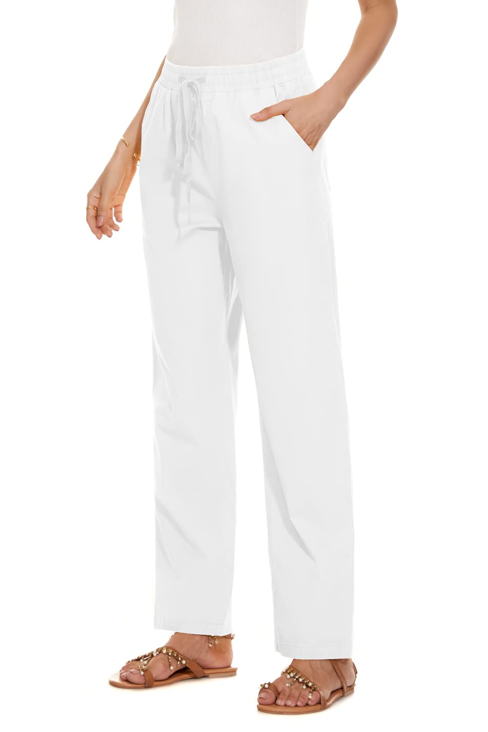 YOCUR Womens Casual Elastic High Waisted Pants Cotton Straight Leg Drawstring Trousers White XL