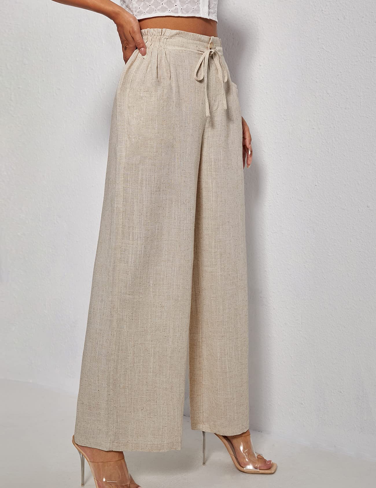 Ugerlov Women's Paperbag Waist Drawstring Linen Pants Wide Leg High Waisted Lounge Casual Trousers with Pockets, Apricot, XL