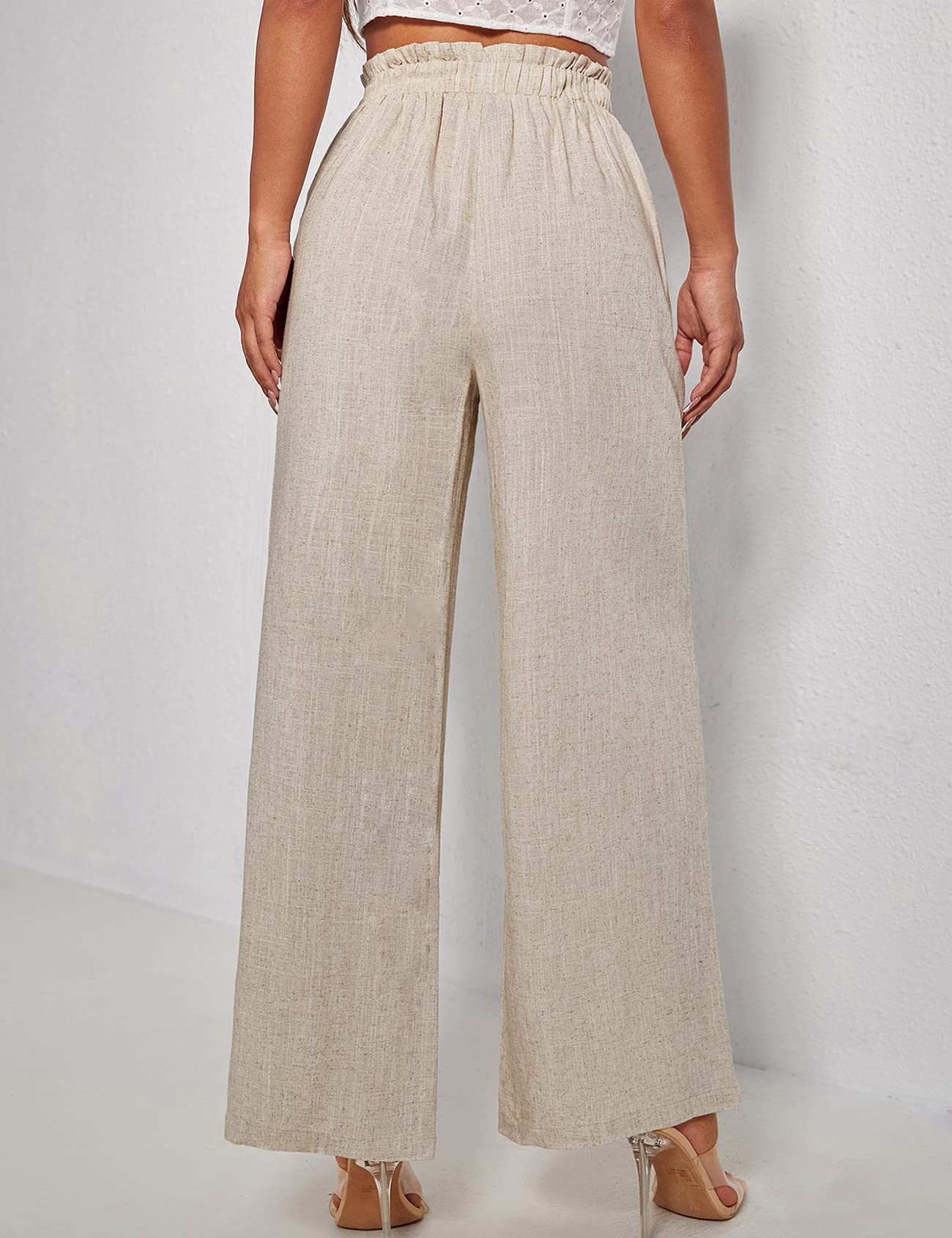 Ugerlov Women's Paperbag Waist Drawstring Linen Pants Wide Leg High Waisted Lounge Casual Trousers with Pockets, Apricot, XL