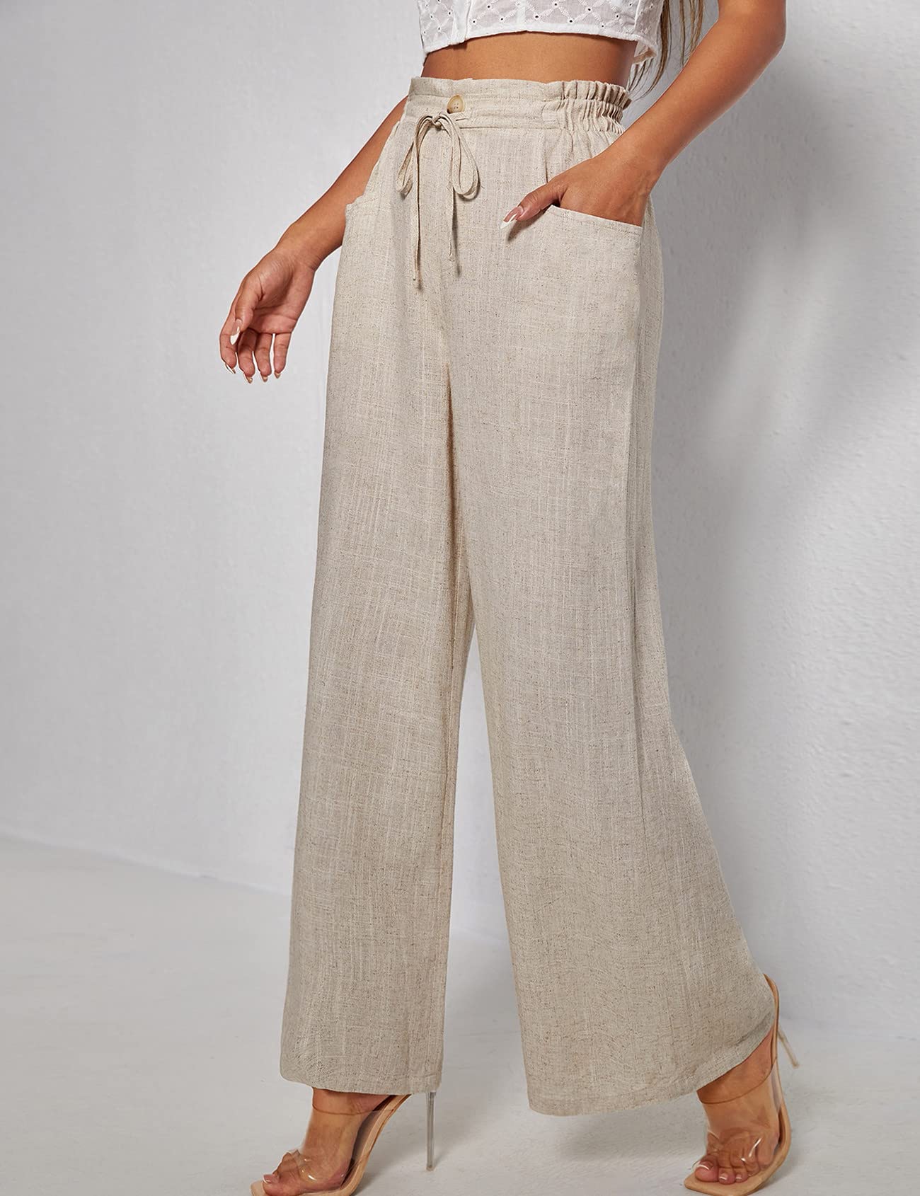 Ugerlov Women's Paperbag Waist Drawstring Linen Pants Wide Leg High Waisted Lounge Casual Trousers with Pockets, Apricot, XL
