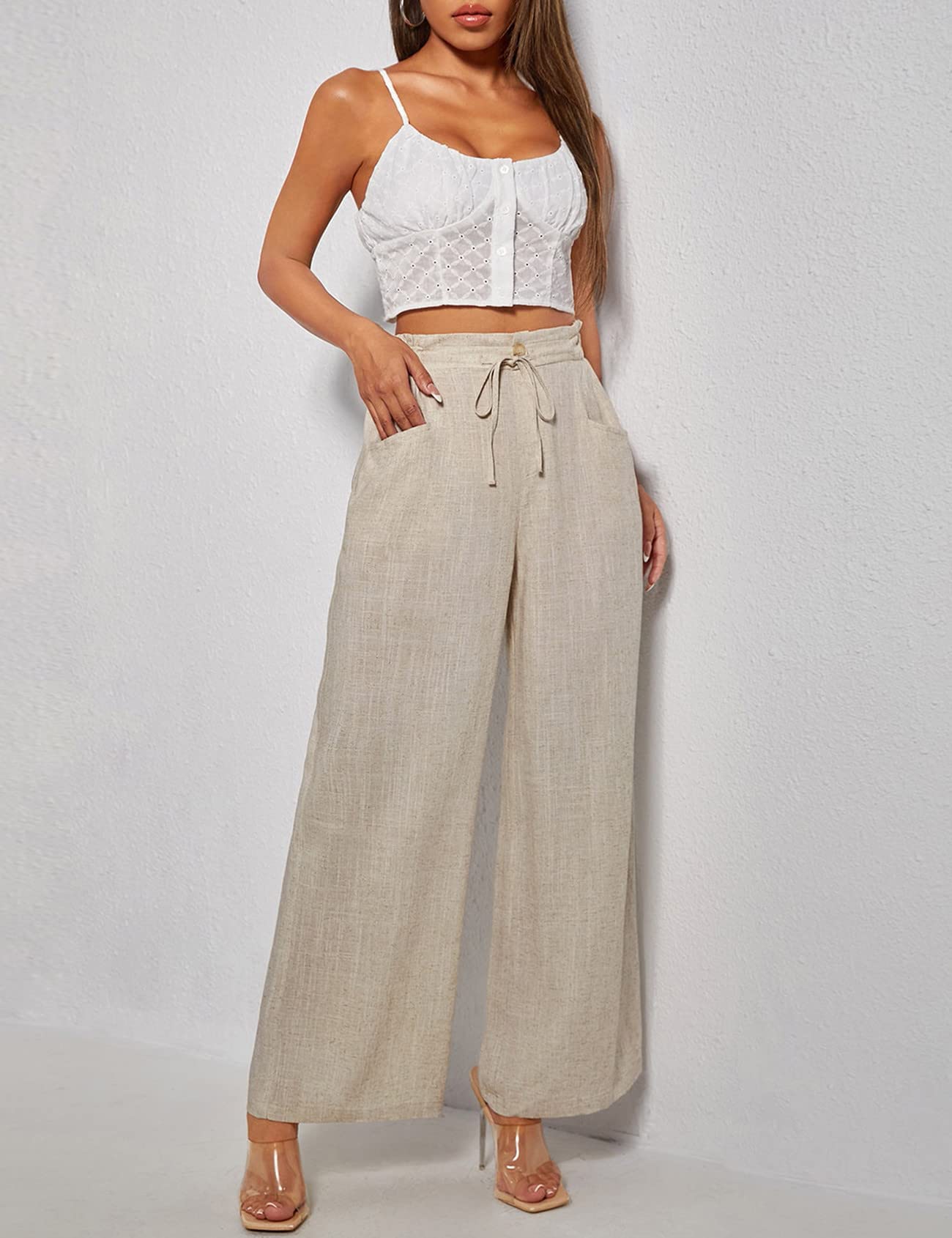 Ugerlov Women's Paperbag Waist Drawstring Linen Pants Wide Leg High Waisted Lounge Casual Trousers with Pockets, Apricot, XL