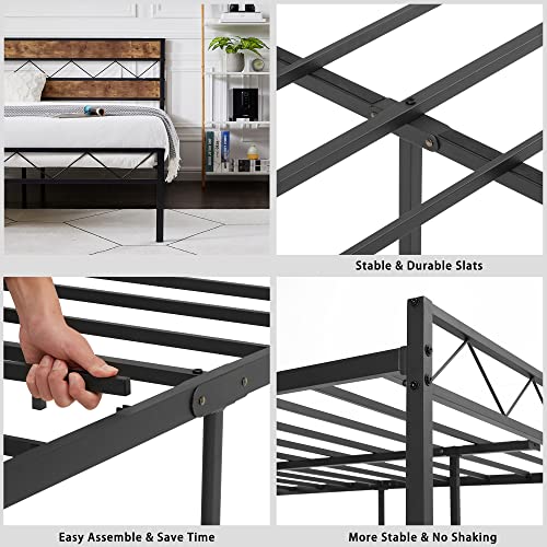 VECELO Queen Size Bed Frame with Wooden Headboard, Heavy Duty 14 Metal Slats Support, No Box Spring Needed, Platform Mattress Base, Under Bed Storage, Noise Free, Easy Assembly