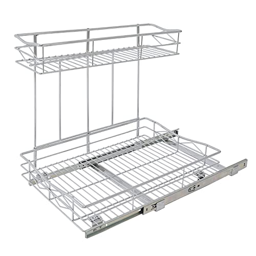 TQVAI Pull Out Cabinet Organizer, 2 Tier Under Sink Storage Shelf with Sliding Drawer, Wire Kitchen Slide Out Basket - 11.75W x 17D x 15.38H, Request at Least 12.5" Cabinet Opening