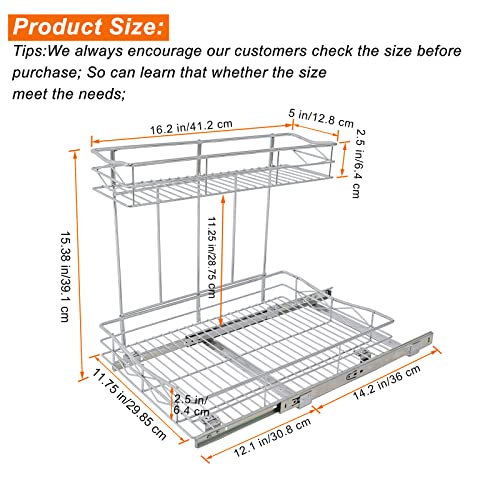 TQVAI Pull Out Cabinet Organizer, 2 Tier Under Sink Storage Shelf with Sliding Drawer, Wire Kitchen Slide Out Basket - 11.75W x 17D x 15.38H, Request at Least 12.5" Cabinet Opening