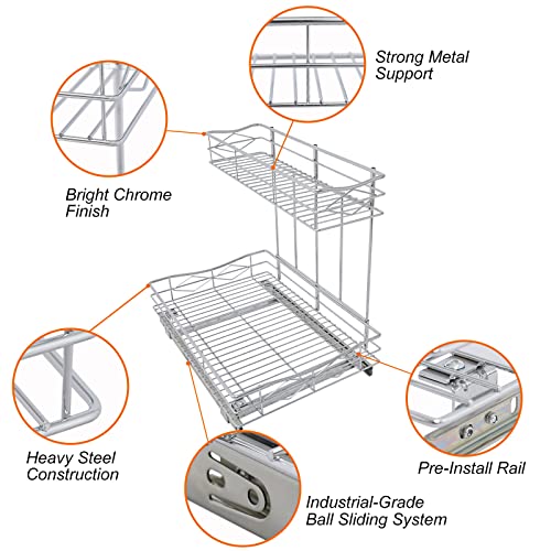 TQVAI Pull Out Cabinet Organizer, 2 Tier Under Sink Storage Shelf with Sliding Drawer, Wire Kitchen Slide Out Basket - 11.75W x 17D x 15.38H, Request at Least 12.5" Cabinet Opening
