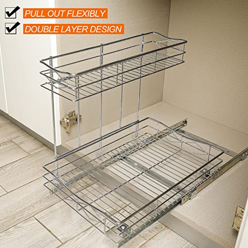 TQVAI Pull Out Cabinet Organizer, 2 Tier Under Sink Storage Shelf with Sliding Drawer, Wire Kitchen Slide Out Basket - 11.75W x 17D x 15.38H, Request at Least 12.5" Cabinet Opening