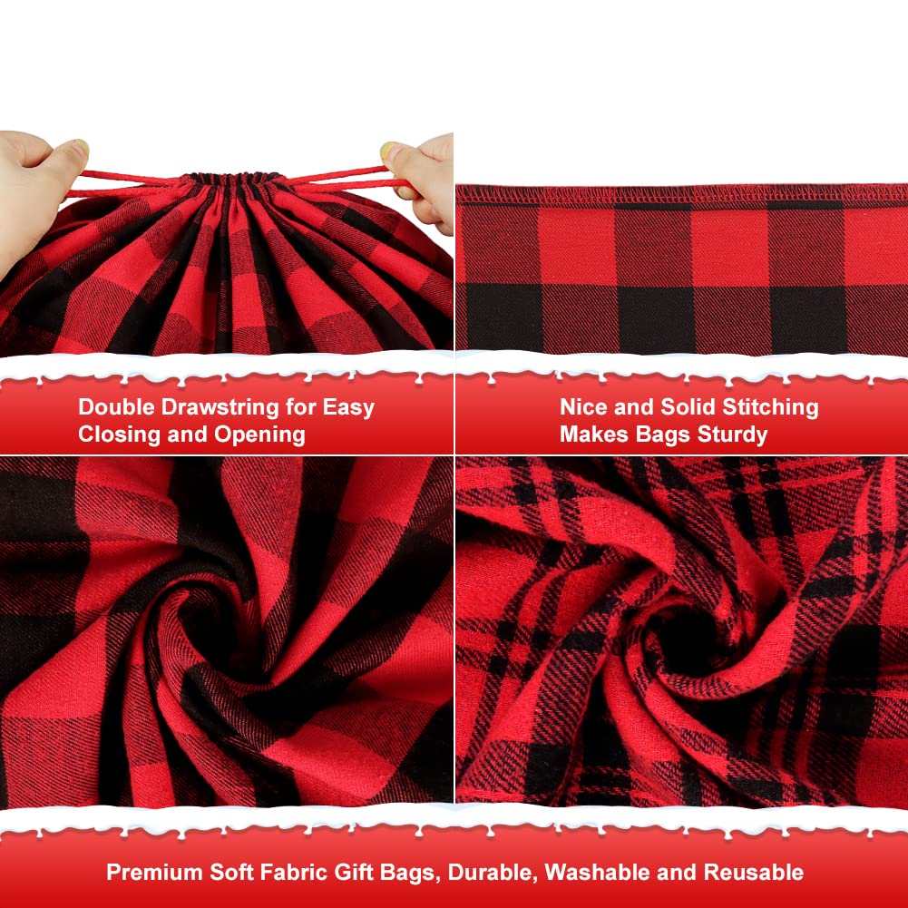 HRX Package 2pcs Cotton Santa Bag, 28x20 inch Plaid Fabric Drawstring Christmas Bags, Reusable Cloth Wrapping Bag with Gift Tag for Xmas Presents
