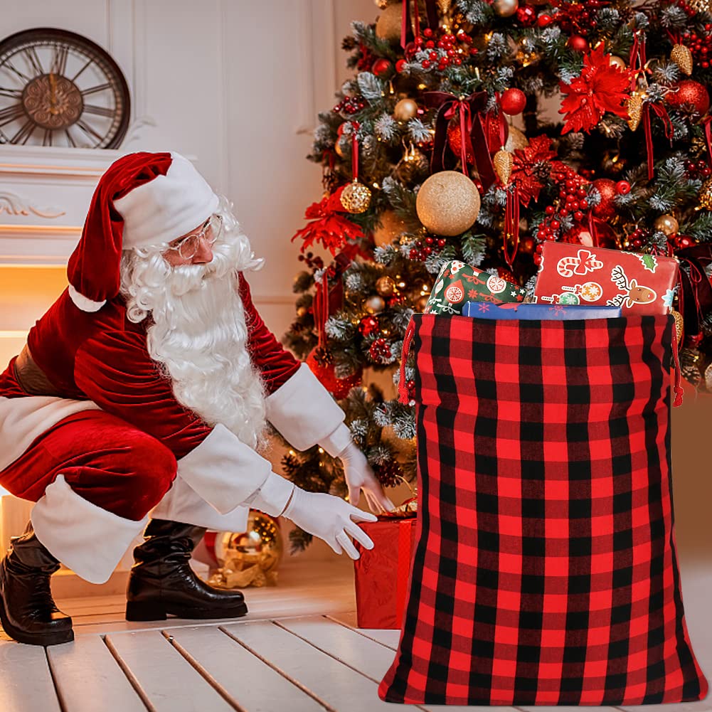 HRX Package 2pcs Cotton Santa Bag, 28x20 inch Plaid Fabric Drawstring Christmas Bags, Reusable Cloth Wrapping Bag with Gift Tag for Xmas Presents