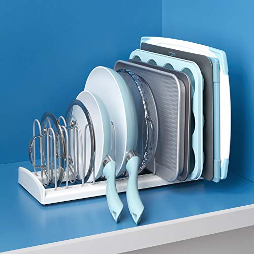YouCopia StoreMore Adjustable Rack Cabinet Organizer for Pans Sheets and Pot Lids, Large, White & UpSpace Adjustable Box Organizer for Foil Wrap and Kitchen Cabinet Storage, 9" x 9", White