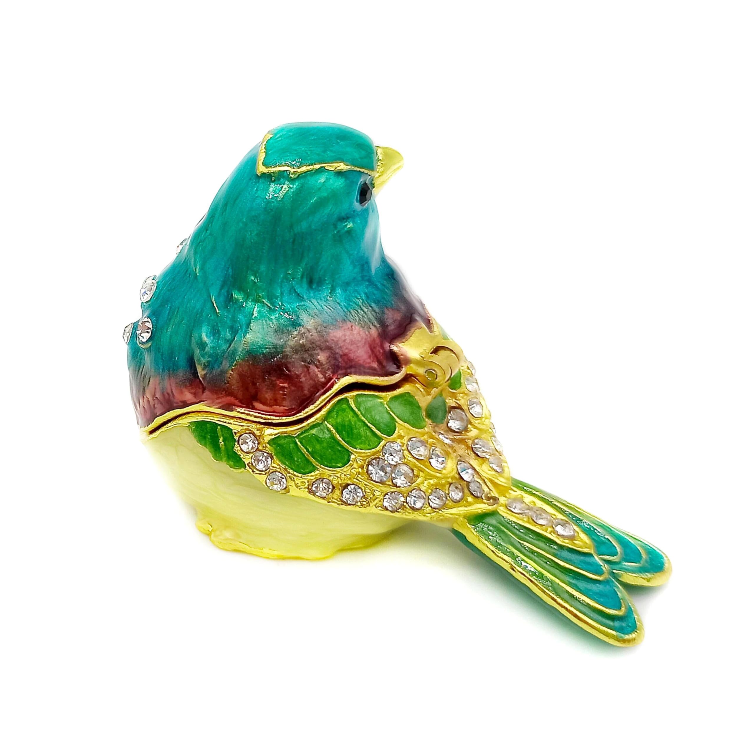 JWT Astyle Turquoise Green Bird Trinket Boxes Hinged ,Bird Decor with Crystals Enamel Jewelry Box.Necklace Ring Box Earrings Storage.Collectible Bird Lover Gifts Figurines Home Decor .