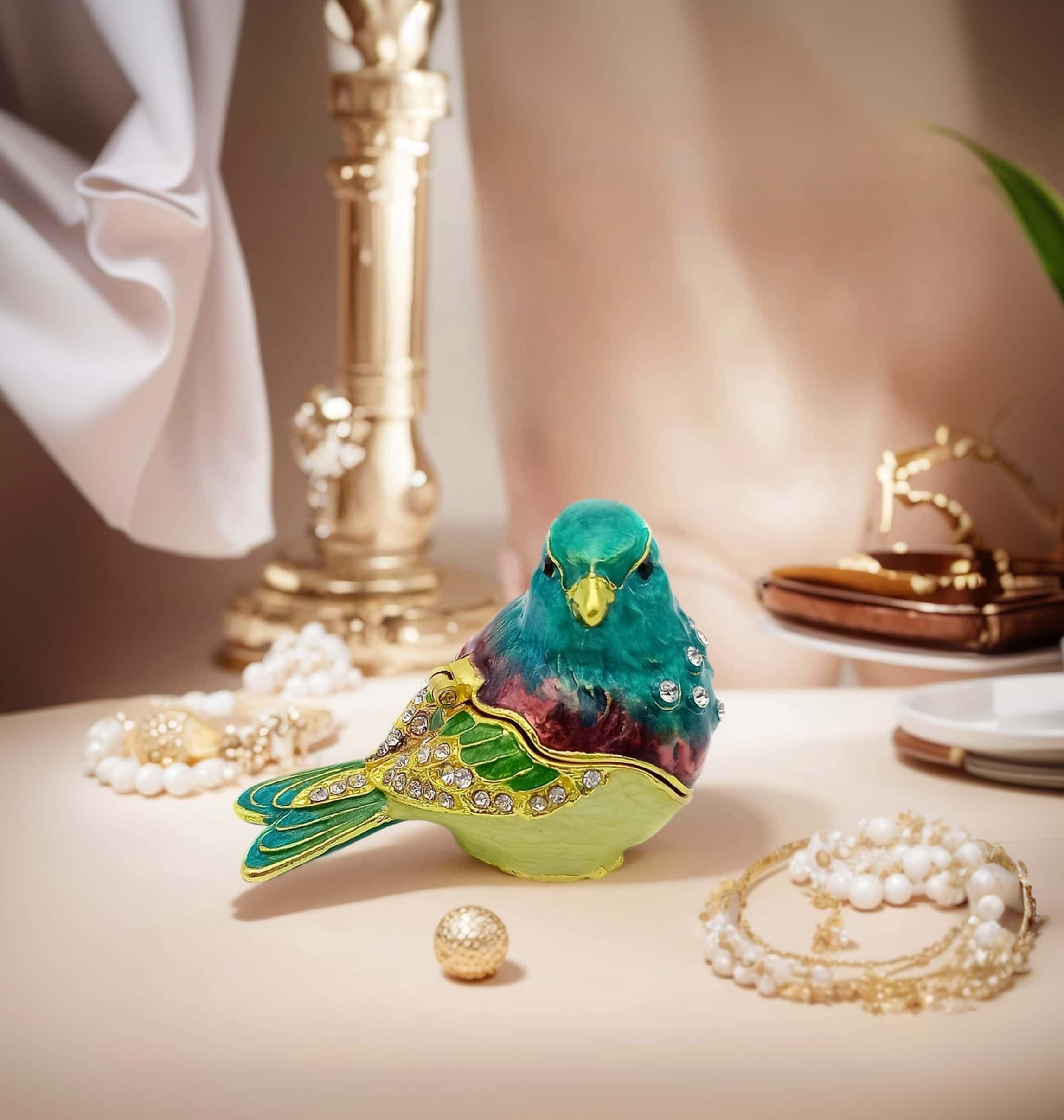 JWT Astyle Turquoise Green Bird Trinket Boxes Hinged ,Bird Decor with Crystals Enamel Jewelry Box.Necklace Ring Box Earrings Storage.Collectible Bird Lover Gifts Figurines Home Decor .