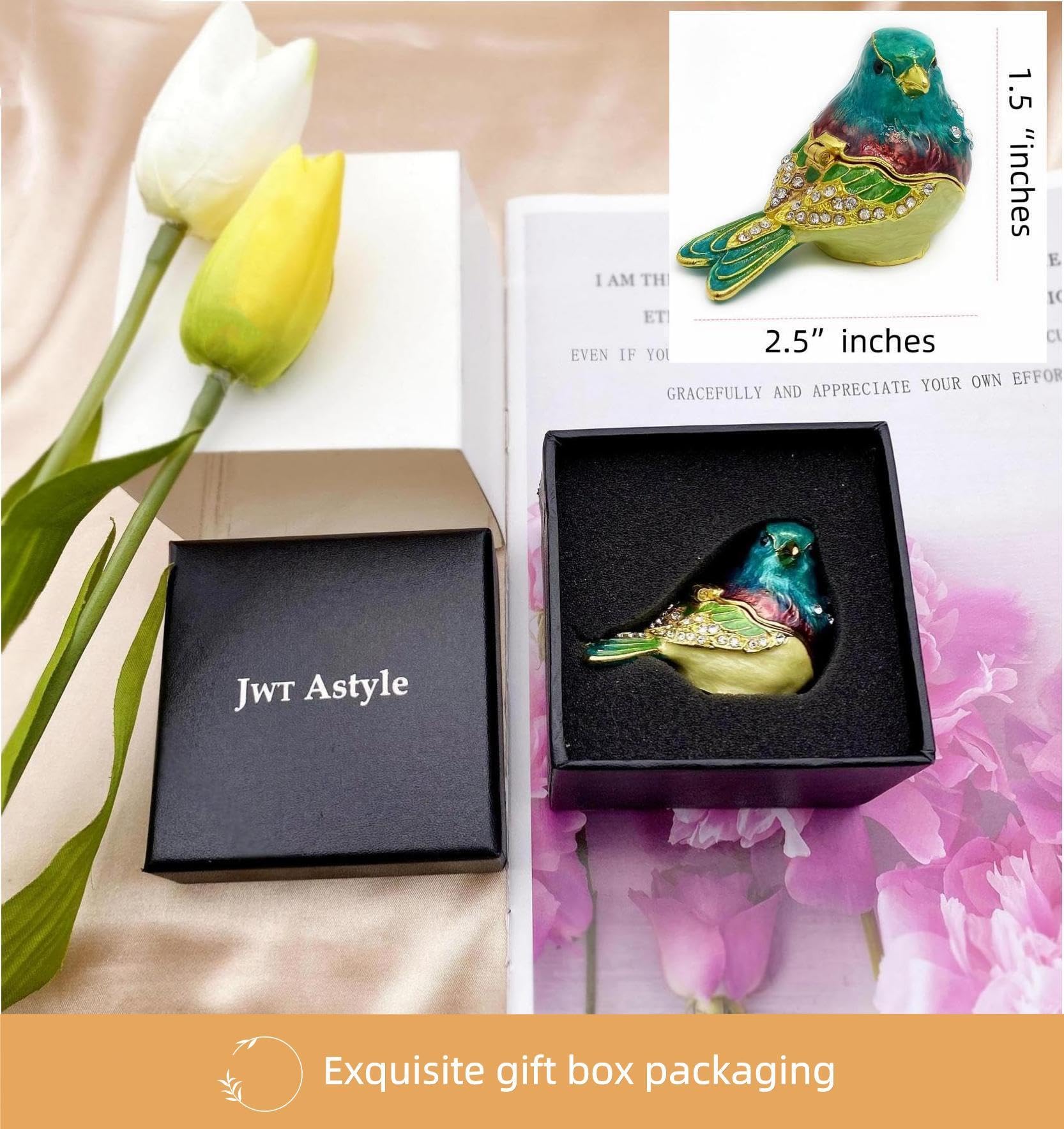 JWT Astyle Turquoise Green Bird Trinket Boxes Hinged ,Bird Decor with Crystals Enamel Jewelry Box.Necklace Ring Box Earrings Storage.Collectible Bird Lover Gifts Figurines Home Decor .