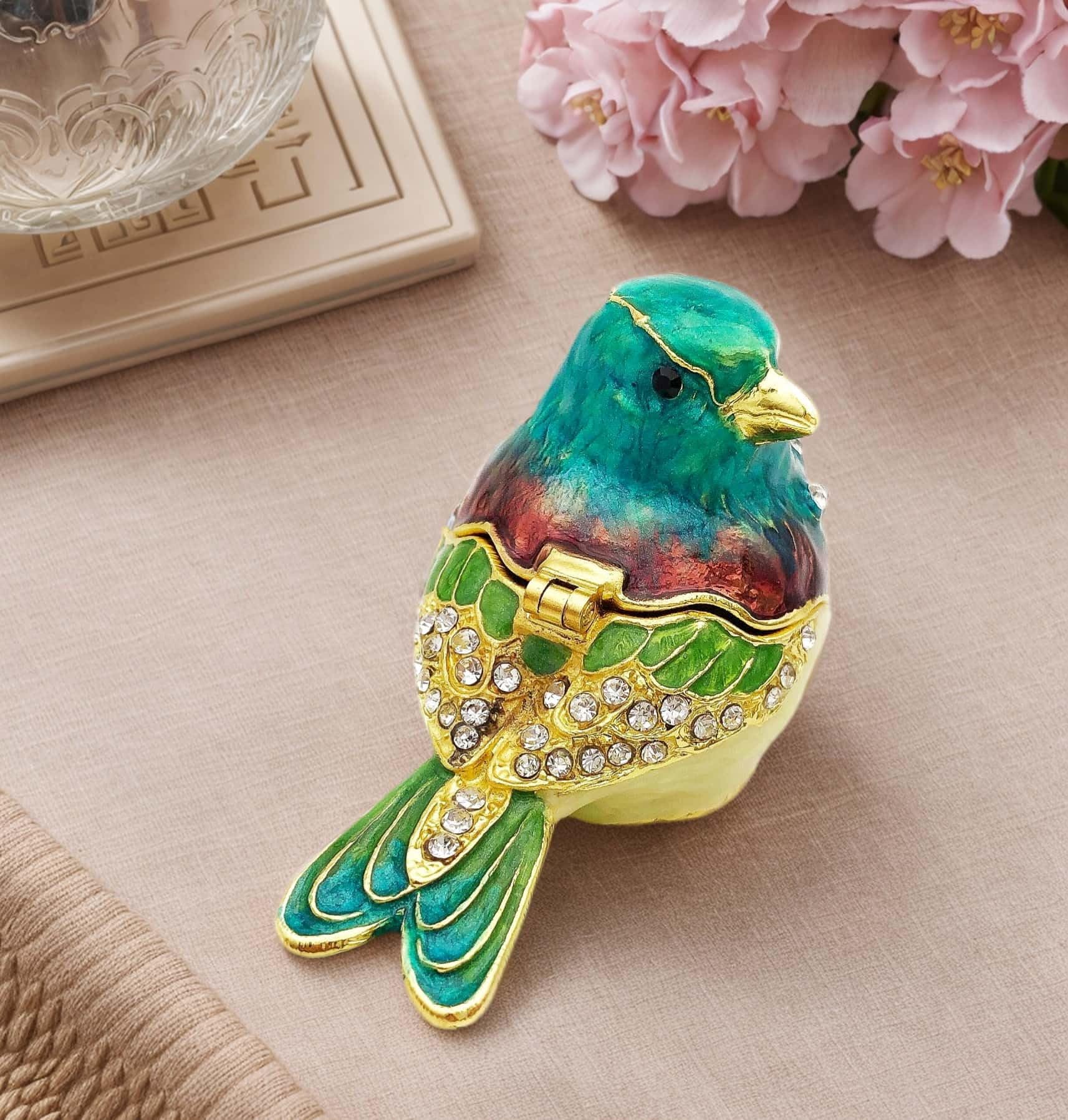 JWT Astyle Turquoise Green Bird Trinket Boxes Hinged ,Bird Decor with Crystals Enamel Jewelry Box.Necklace Ring Box Earrings Storage.Collectible Bird Lover Gifts Figurines Home Decor .