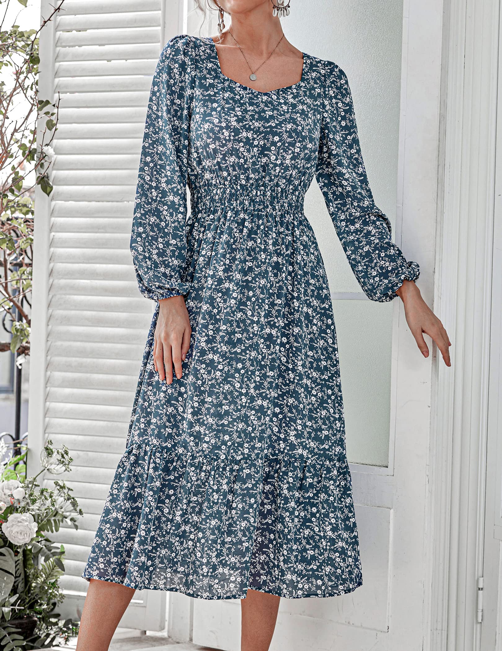 HOTOUCH Ladies Dresses Boho Long Sleeve Square Neck Gorgeous Leopard Print Ruffle Tiered Maxi Dress Tie Back Flowy Long Dress Blue M