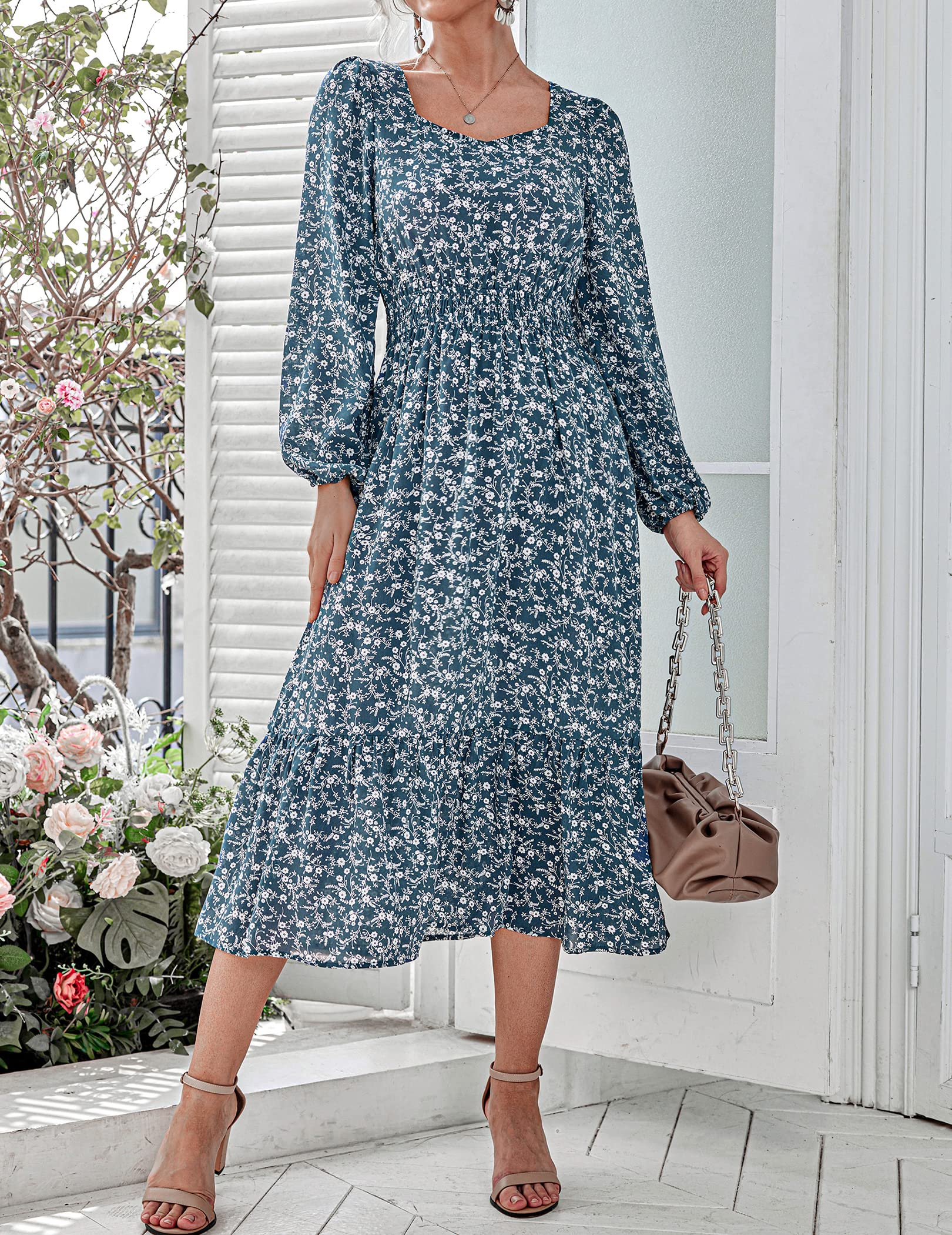 HOTOUCH Ladies Dresses Boho Long Sleeve Square Neck Gorgeous Leopard Print Ruffle Tiered Maxi Dress Tie Back Flowy Long Dress Blue M