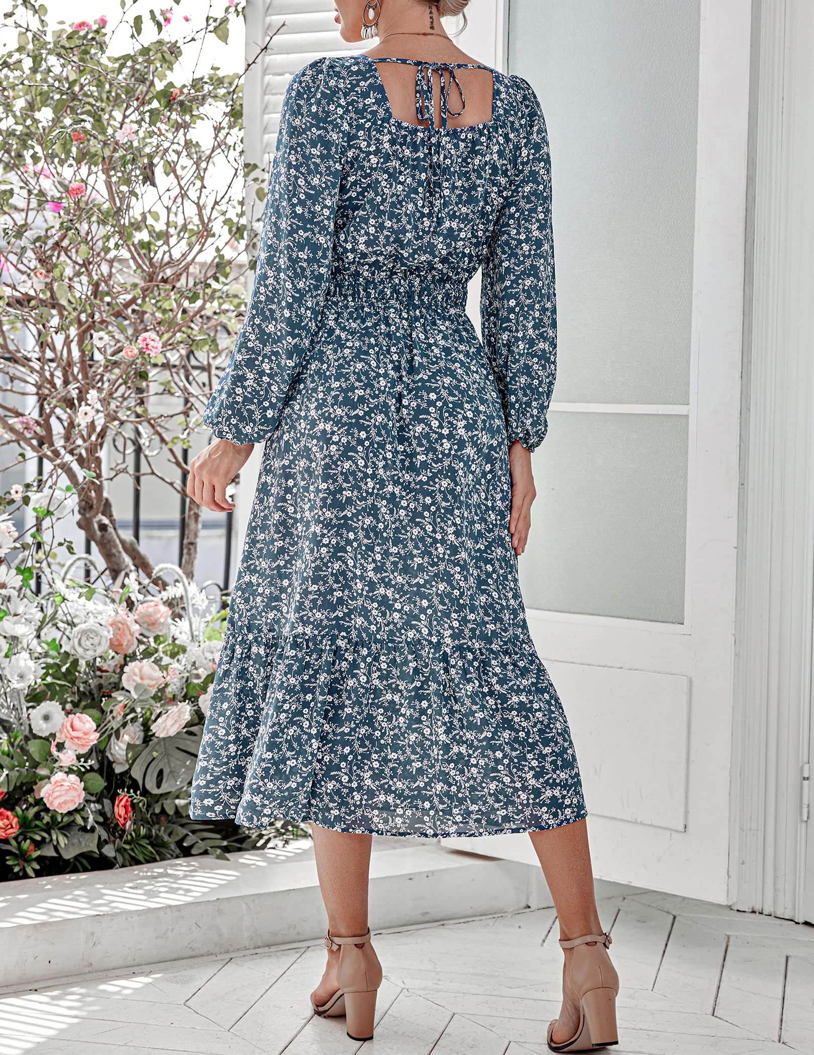 HOTOUCH Ladies Dresses Boho Long Sleeve Square Neck Gorgeous Leopard Print Ruffle Tiered Maxi Dress Tie Back Flowy Long Dress Blue M