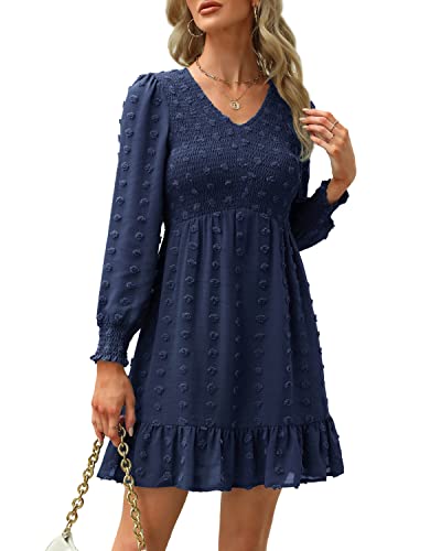 Maggeer Spring Summer Long Sleeve Dress for Women 2024 A Line Swiss Dot Cowgirl Ladies Church Smocked Mini Babydoll Causal Dresses Navy L