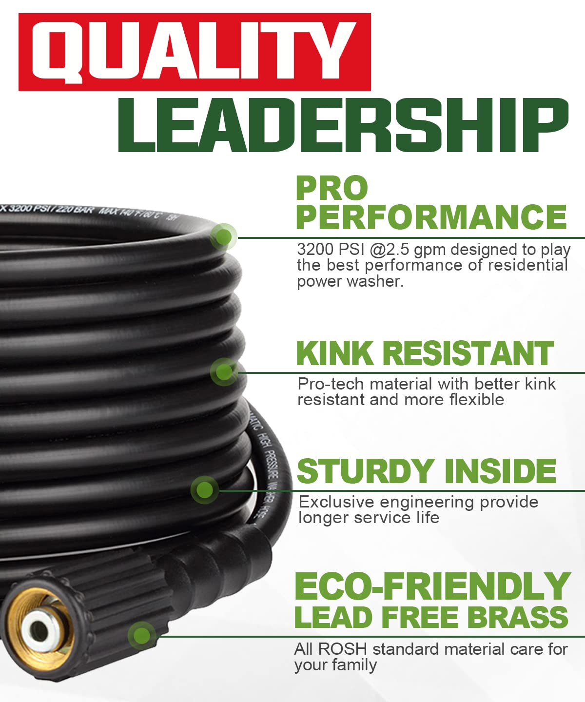 YAMATIC Pressure Washer Hose 100 FT 1/4" Kink Free M22 14mm Brass Thread, Replacement for Ryobi, Troy Bilt, Greenworks, Simpson & More Power Washers, 3200 PSI