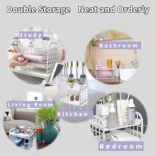 Wellcun Plastic Kitchen Organization Storage Shelf Rack, 2 Tier Cabinet Shelf Organizers, Office Desk Shelf Organizers and Accessories White, Dresser Organizer, Bathroom Organizer Storage (White)