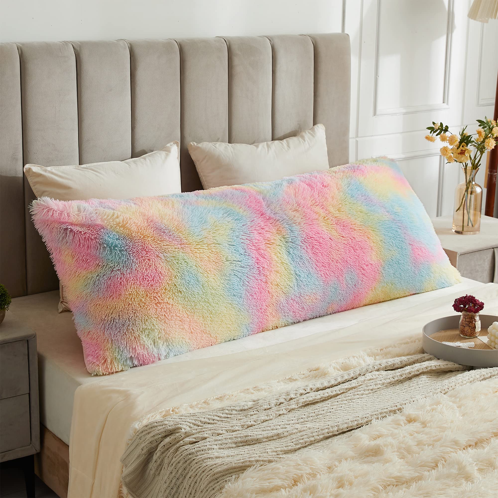 LIFEREVO Plush Body Pillow Cover,Ultra Soft Faux Fur Decorative Bed Pillowcase 20"x54" for Bed Sofa Couch,Luxury Shaggy Marble Print Throw Bed Pillowshams for Adults Women Mother(Rainbow Colorful)