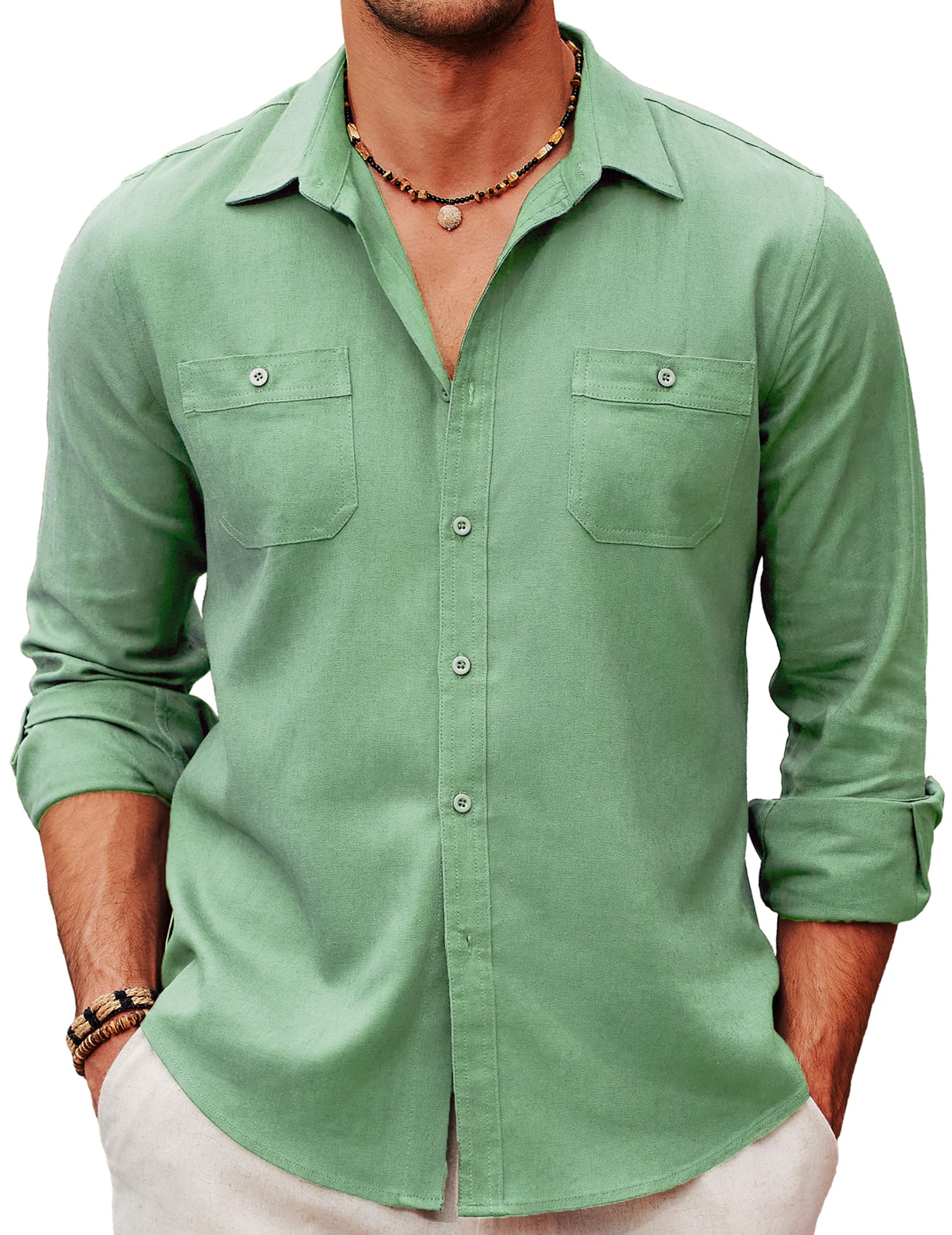 COOFANDY Men's Linen Shirt Long Sleeve Two Pockets Plain Lightweight Shirts