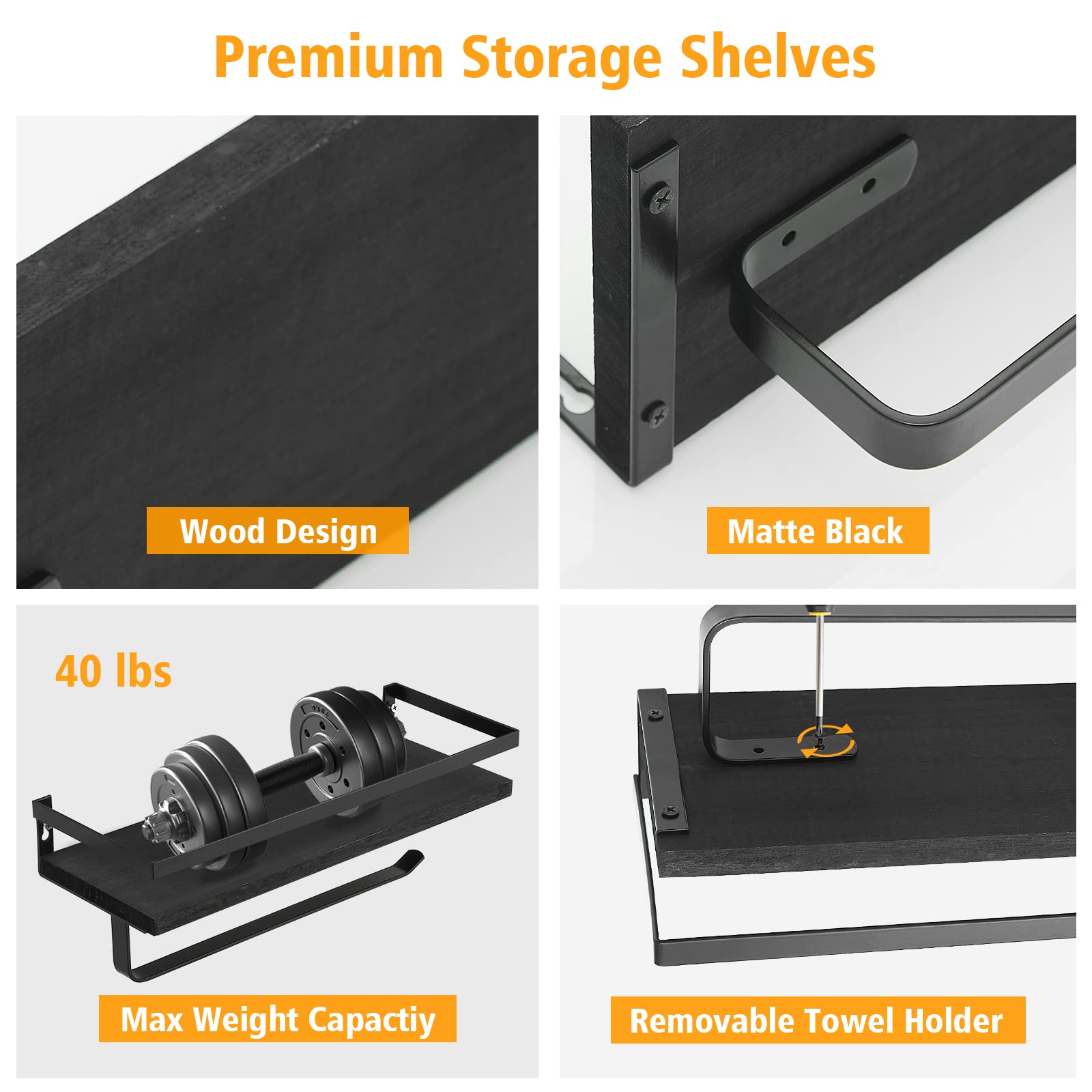 BESy Floating Shelves Wall Mounted Storage Shelves with Towel Rack Rails Bar, Paper Towel Holder with Shelf for Kitchen, Bathroom Tissue Roll Hanger, Matte Black Metal Frame, Set of 2 Black