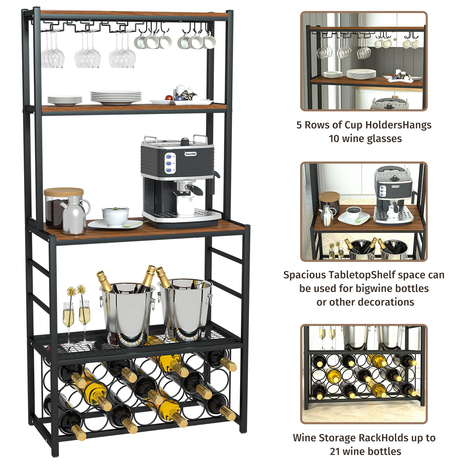FIDVEKL Wine Rack Freestanding Floor, 5-Tier Industrial Wine Rack Freestanding Floor with Glass Holder and Wine Storage for Home Kitchen Dining Room, Rustic Brown