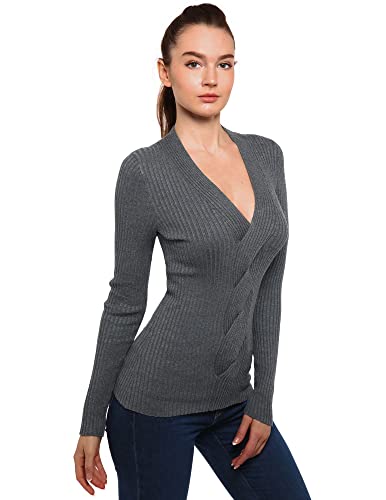 AmélieBoutik Women V Neck Twist Front Cable Knit Long Sleeve Ribbed Sweater (Dark Gray Small)