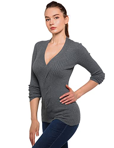 AmélieBoutik Women V Neck Twist Front Cable Knit Long Sleeve Ribbed Sweater (Dark Gray Small)