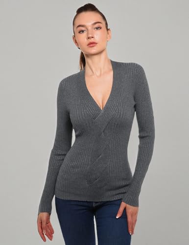 AmélieBoutik Women V Neck Twist Front Cable Knit Long Sleeve Ribbed Sweater (Dark Gray Small)