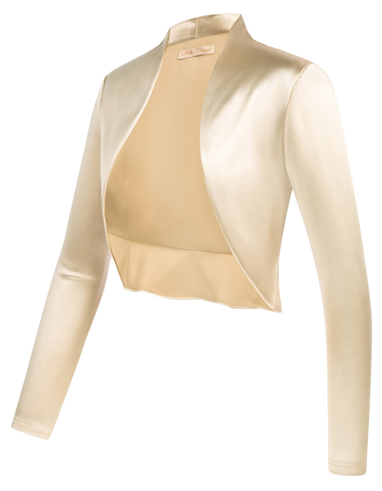 Women's Long Sleeve Cropped Cardigan Silky Satin Shrug Tops Elegant Bolero Jackets for Dresses Champagne XXL