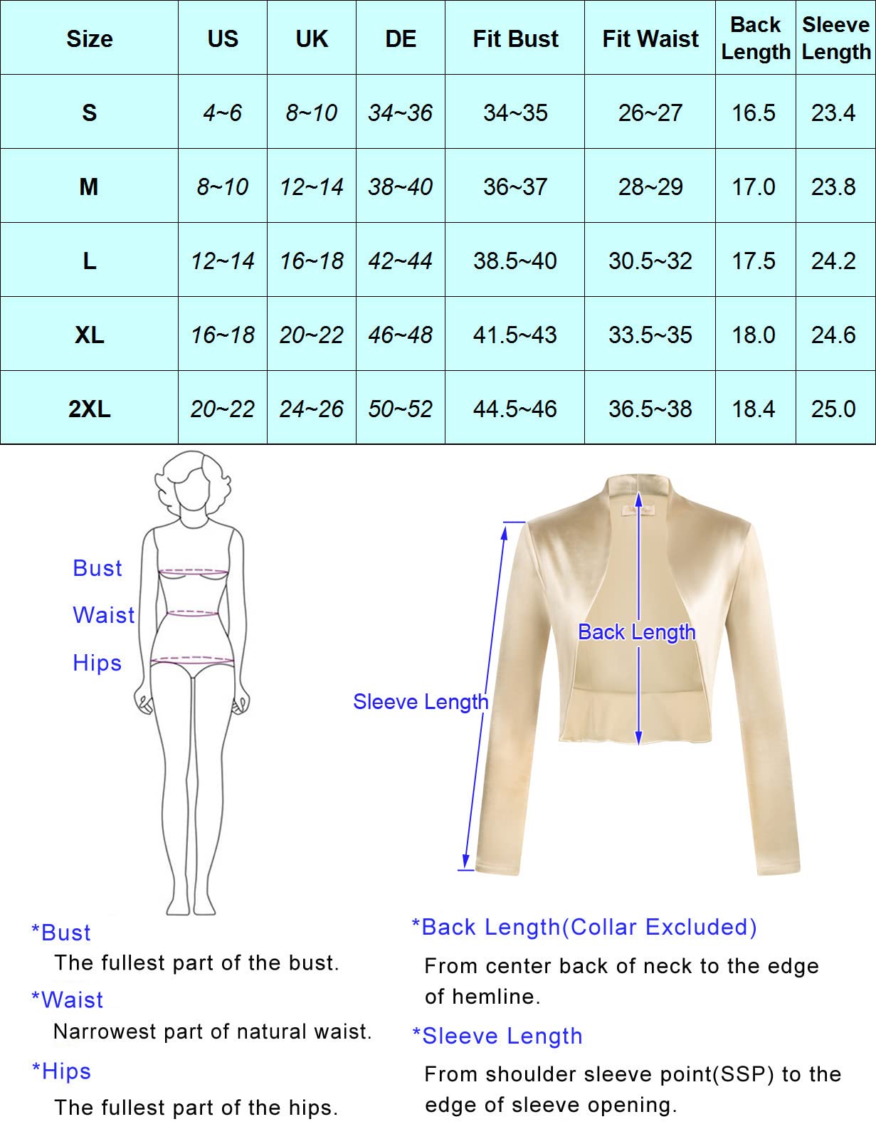 Women's Long Sleeve Cropped Cardigan Silky Satin Shrug Tops Elegant Bolero Jackets for Dresses Champagne XXL