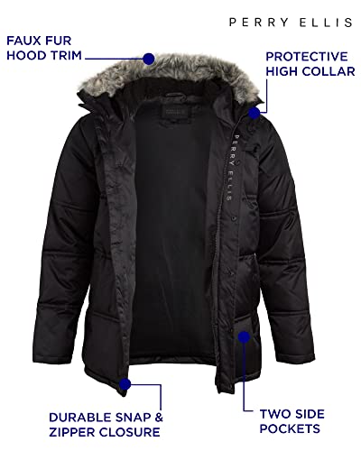 Perry Ellis Men’s Winter Jacket – Heavyweight Quilted Puffer Parka Coat with Faux Fur Trim Hood (S-XXL), Size Large, Onyx Black
