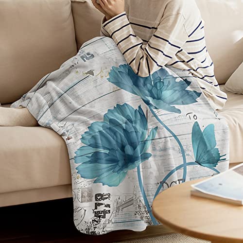 Blue Floral Soft Fleece Throw Blanket, 40x50inch Lightweight Microfiber Blanket, Warm Cozy Couch Bed Sofa TV Blankets for All Seasons, Watercolor Abstract Flowers on Retro Wooden