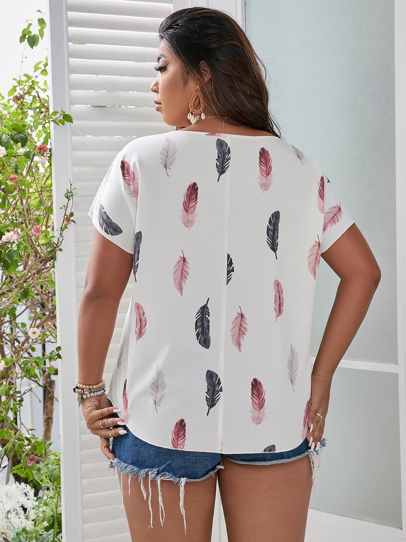 SOLY HUX Plus Size Blouses for Curvy Women Cute Boho Print Shirts V Neck Casual Summer Blouses T-Shirts Tops White 1XL