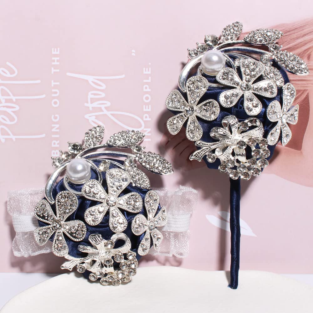 WANLIAN Wrist Corsage with Peal and Rhinestone Corsage and Boutonniere Set for Wedding,Prom,Party (Silver Navy Blue,2 Pieces)