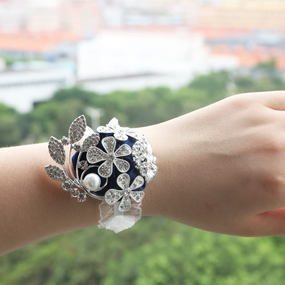 WANLIAN Wrist Corsage with Peal and Rhinestone Corsage and Boutonniere Set for Wedding,Prom,Party (Silver Navy Blue,2 Pieces)