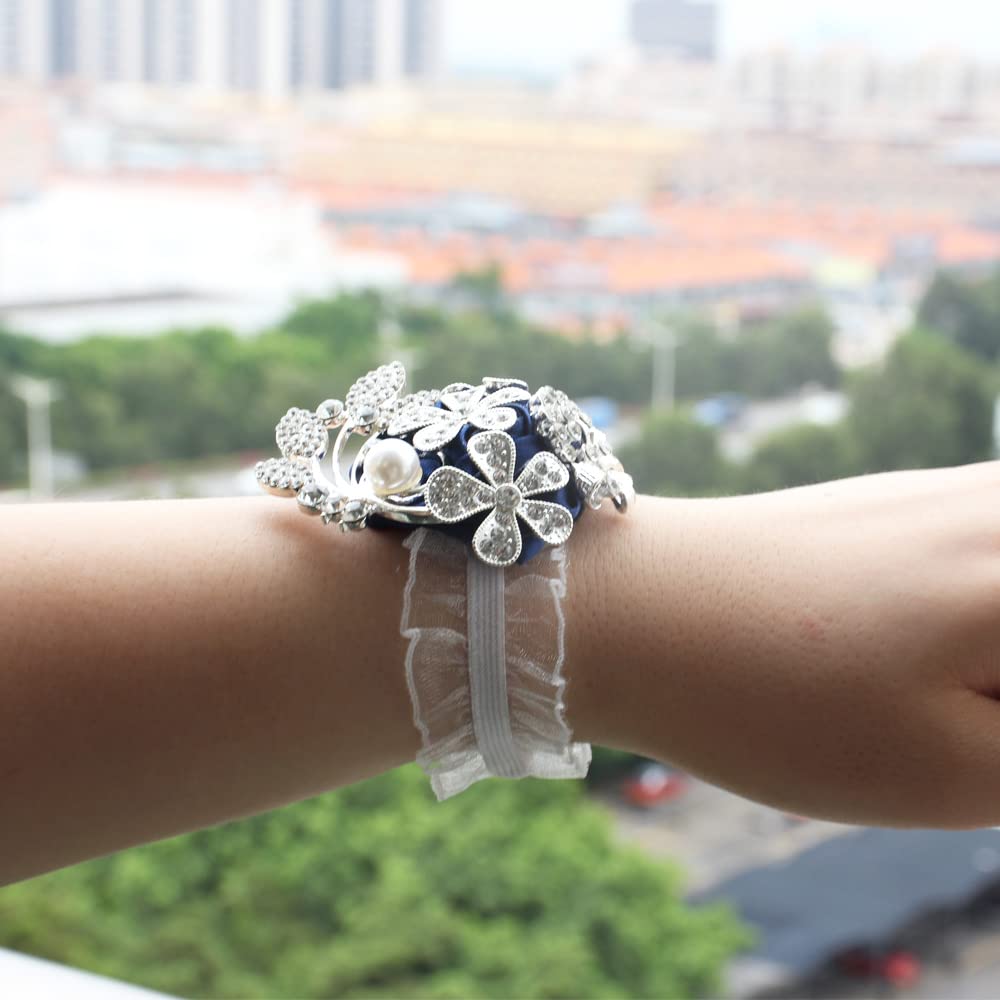 WANLIAN Wrist Corsage with Peal and Rhinestone Corsage and Boutonniere Set for Wedding,Prom,Party (Silver Navy Blue,2 Pieces)
