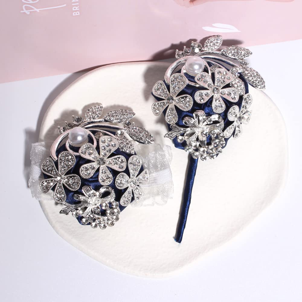 WANLIAN Wrist Corsage with Peal and Rhinestone Corsage and Boutonniere Set for Wedding,Prom,Party (Silver Navy Blue,2 Pieces)