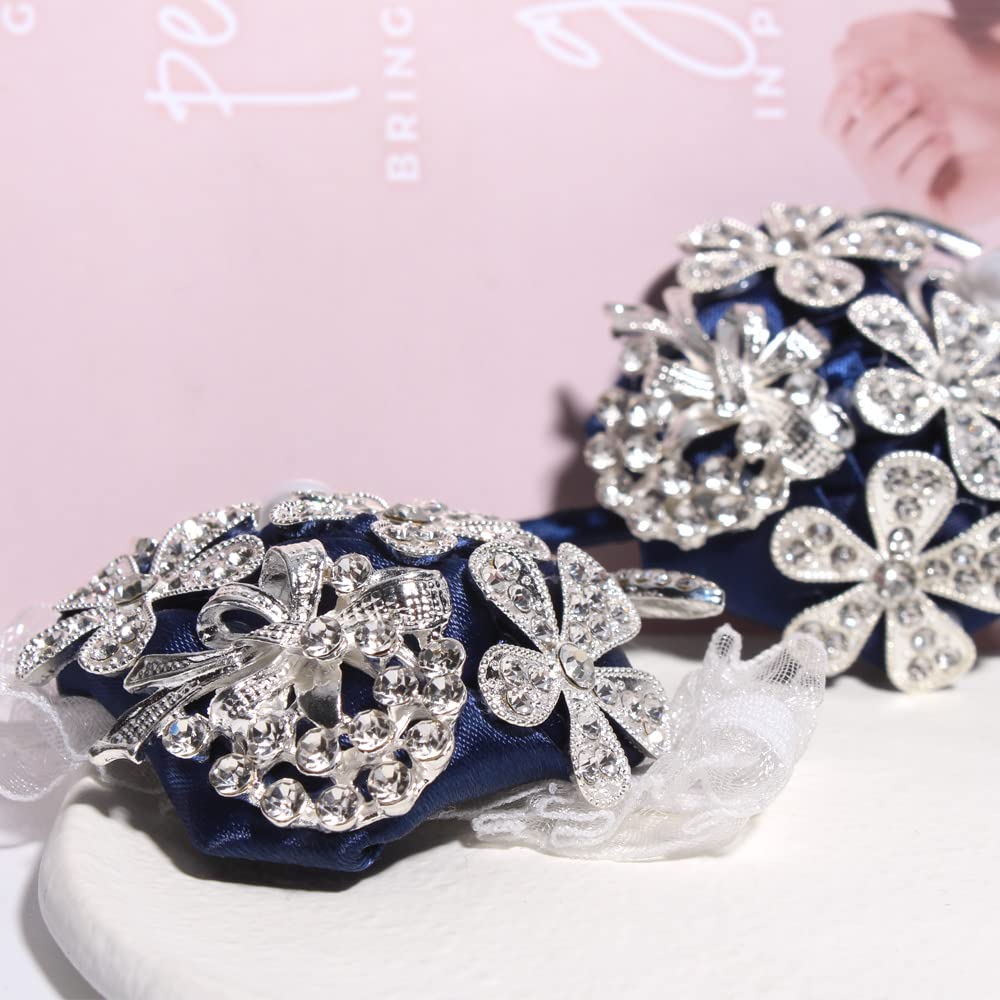 WANLIAN Wrist Corsage with Peal and Rhinestone Corsage and Boutonniere Set for Wedding,Prom,Party (Silver Navy Blue,2 Pieces)