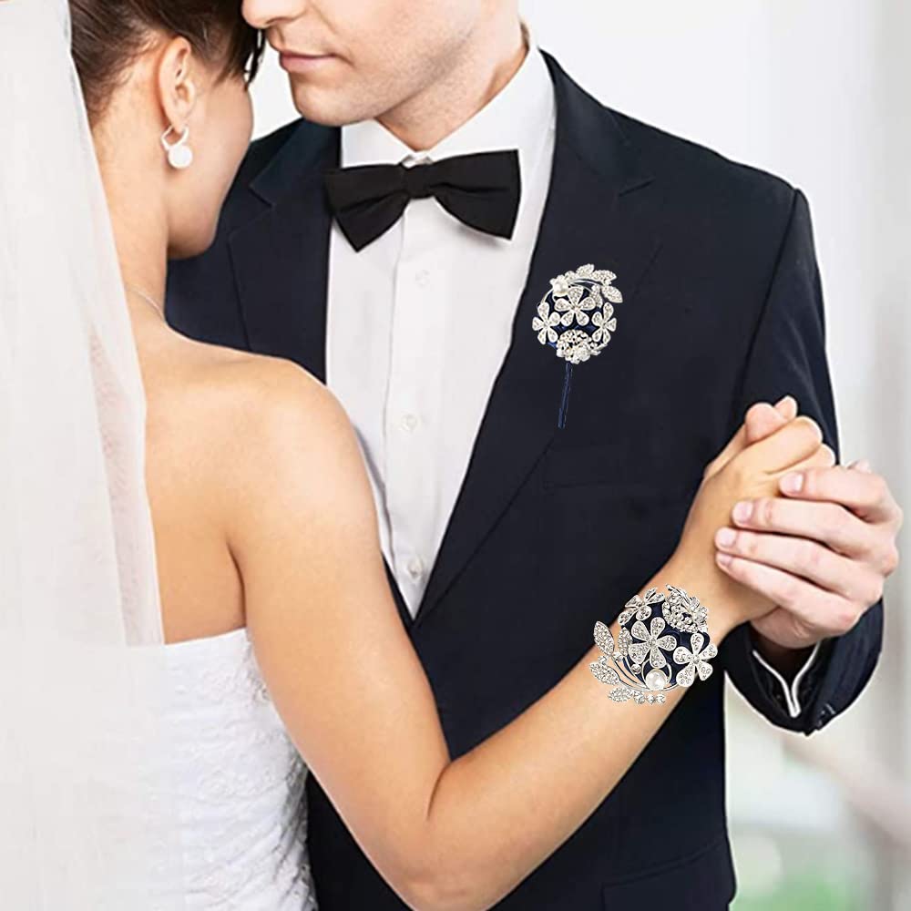 WANLIAN Wrist Corsage with Peal and Rhinestone Corsage and Boutonniere Set for Wedding,Prom,Party (Silver Navy Blue,2 Pieces)