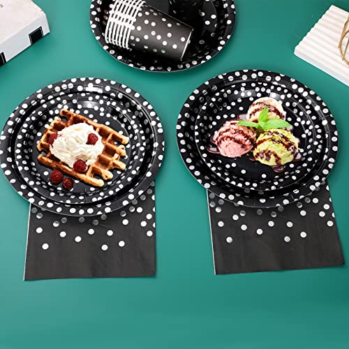 Gudvilla 200Pcs Black & Silver Dot Party Dinnerware for Graduation, Birthday, Retirement & Anniversary