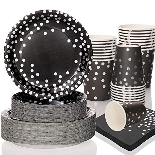 Gudvilla 200Pcs Black & Silver Dot Party Dinnerware for Graduation, Birthday, Retirement & Anniversary